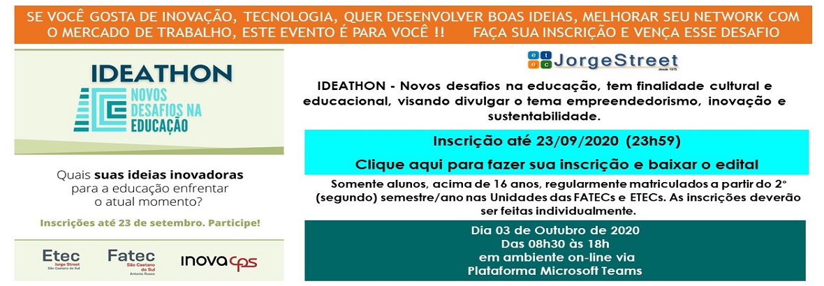 IDEATHON banner – ETEC Jorge Street São Caetano do Sul